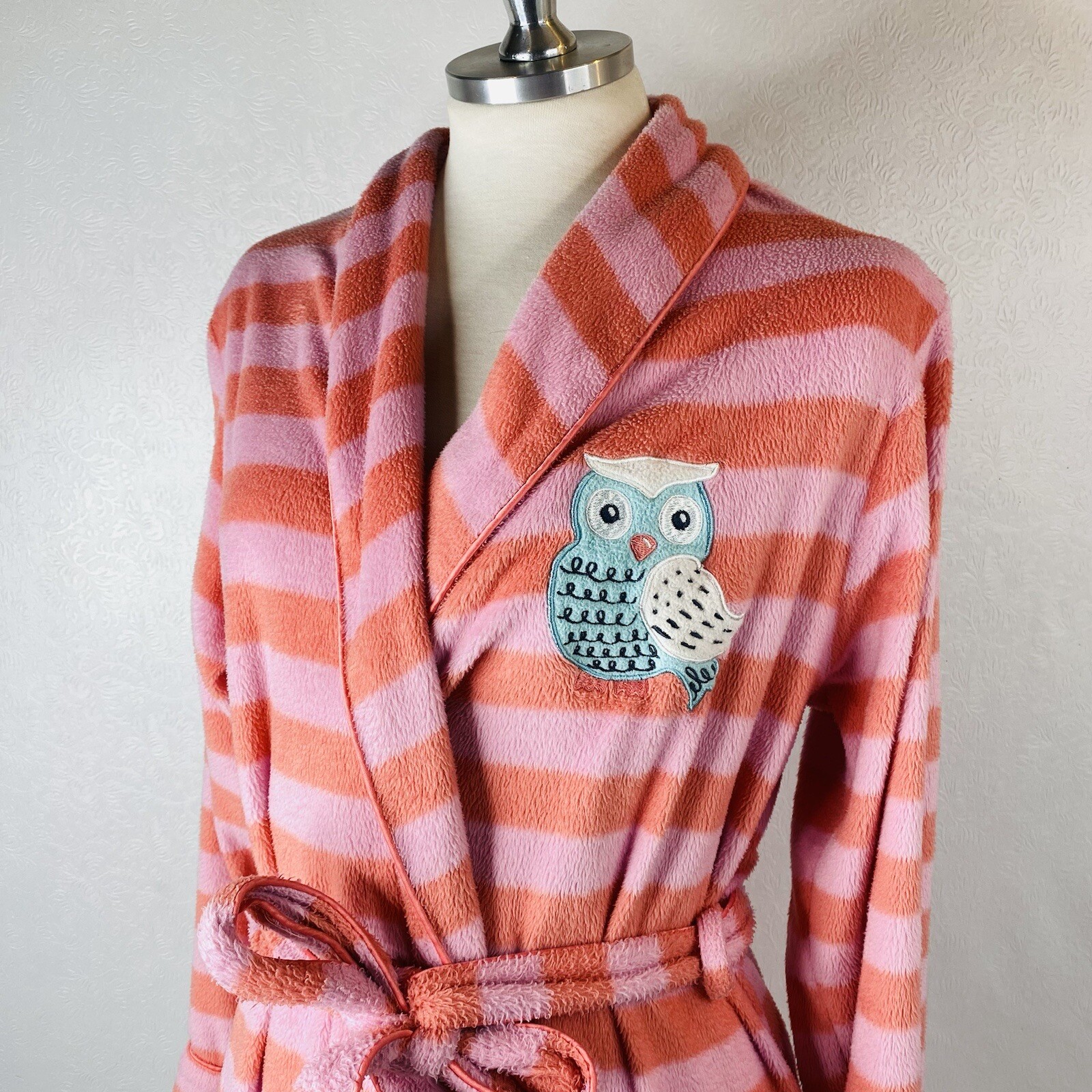 Nick and Nora Size XS/S Pink Coral Striped Soft Fuzzy Belted Robe OWL ...