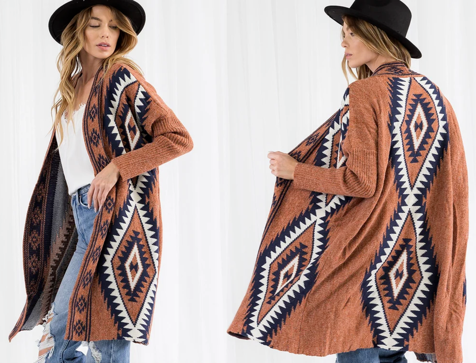 Boho Aztec Tribal Southwestern Print Knit Cardigan Sweater Duster Top S ...