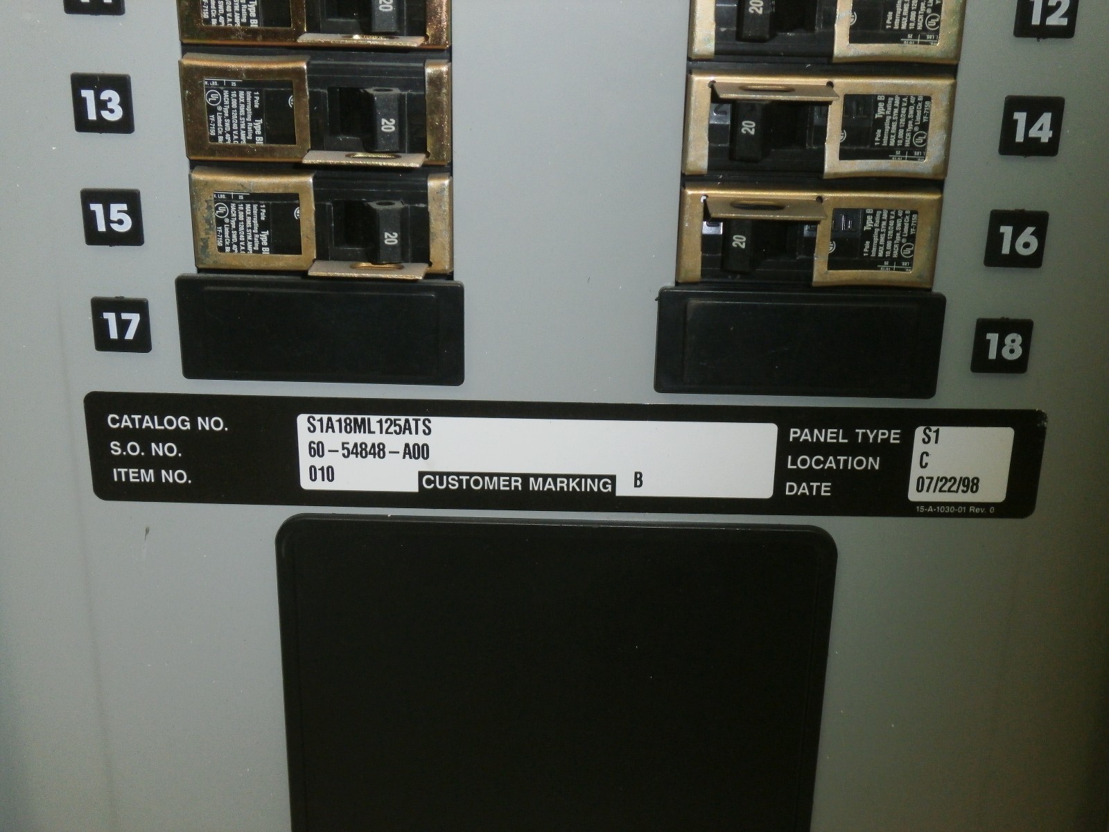 Siemens S1A19ML125ATS S1 Panelboard Interior 125A Main 120/240 208Y 18 ...