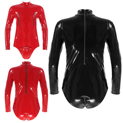Mens Bodysuit Wet Look PVC Catsuits Patent Leather Jumpsuits Underwear ...