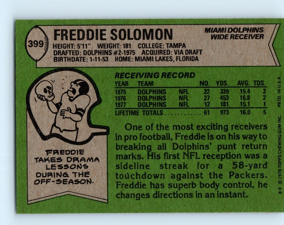 1978 TOPPS Football Vintage Trading Card #399 🏈 FREDDIE SOLOMON, Miami ...