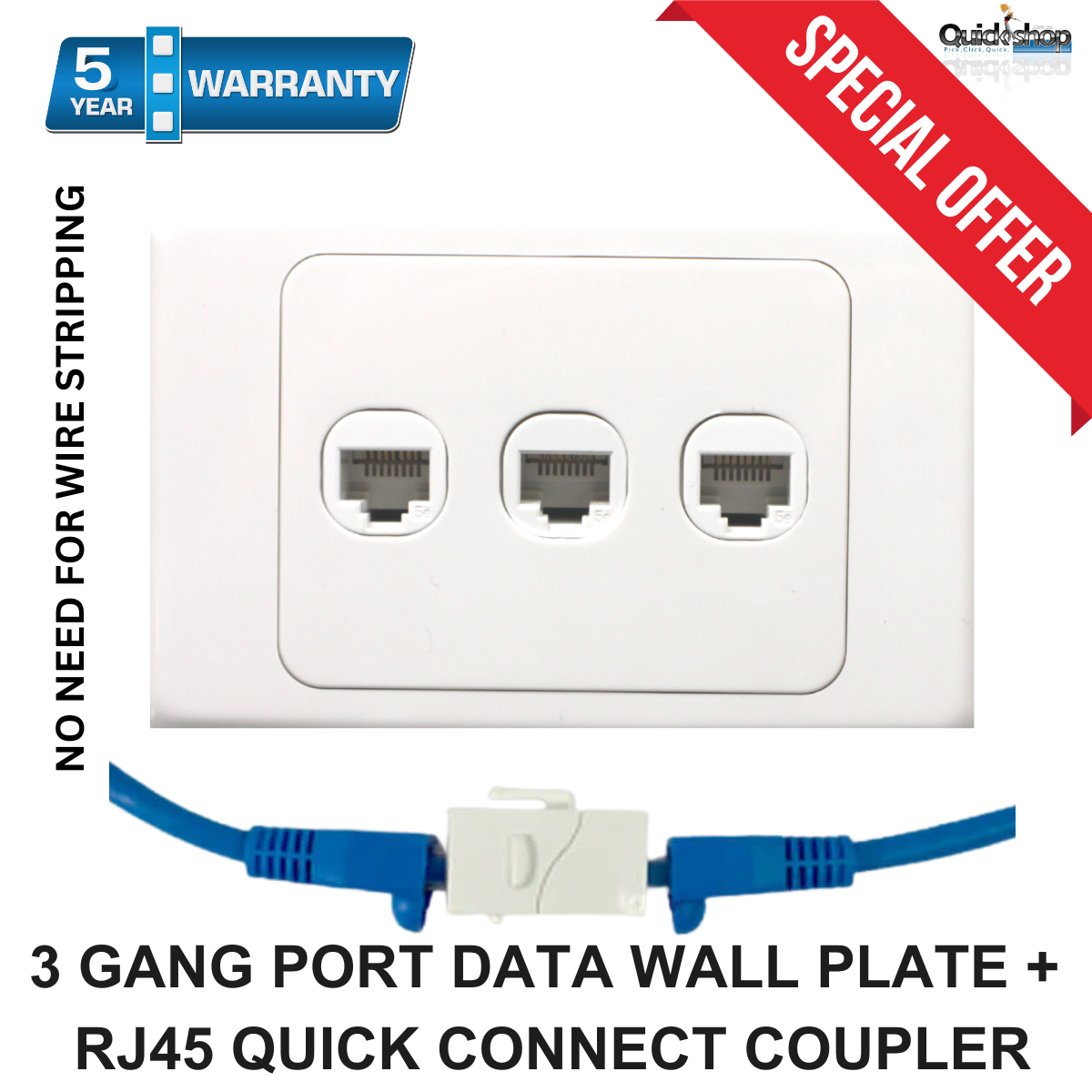 3 Gang Data Wall Plate Clipsal Style CAT6 RJ45 COUPLER Network LAN Port ...
