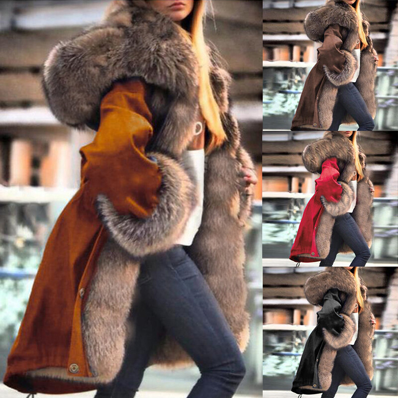 Women Fur Lining Winter Warm Jacket Long Parka Overcoat Outwear Hooded ...