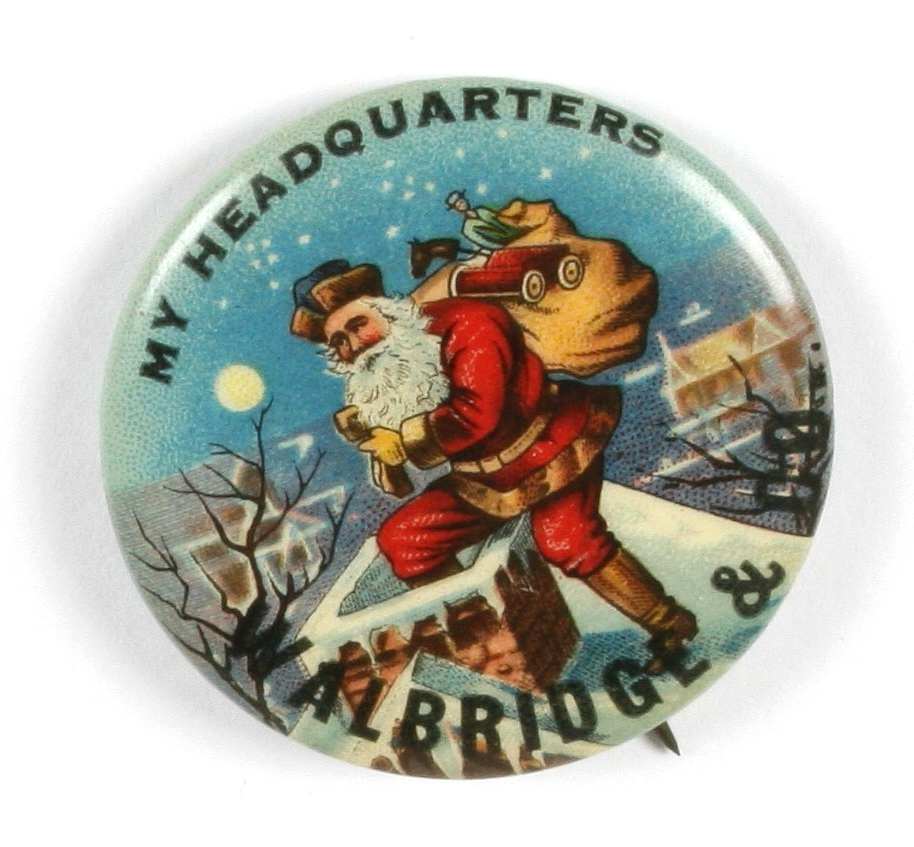 BUFFALO NEW YORK SANTA CLAUS PINBACK PIN CELLULOID BUTTON DOWN CHIMNEY ...