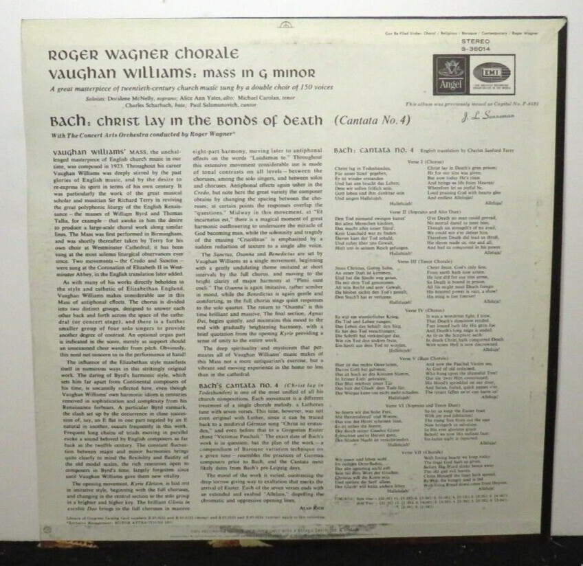 ROGER WAGNER CHORALE VAUGHAN WILLIAMS BACH CHRIST (VG+) 36014 LP VINYL ...