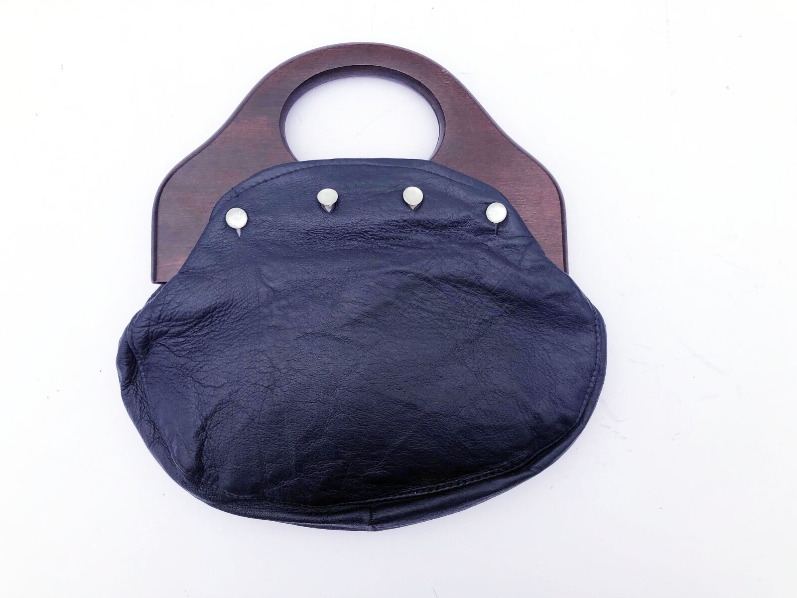 Rare 1970s Vintage Preppy Navy Leather Wooden Handle Bermuda Bag Purse ...