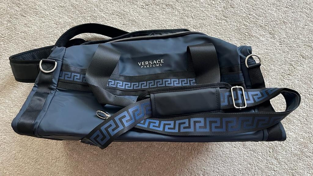 Versace Parfums Blue Duffle Bag Brand New Includes Dust Cover | eBay