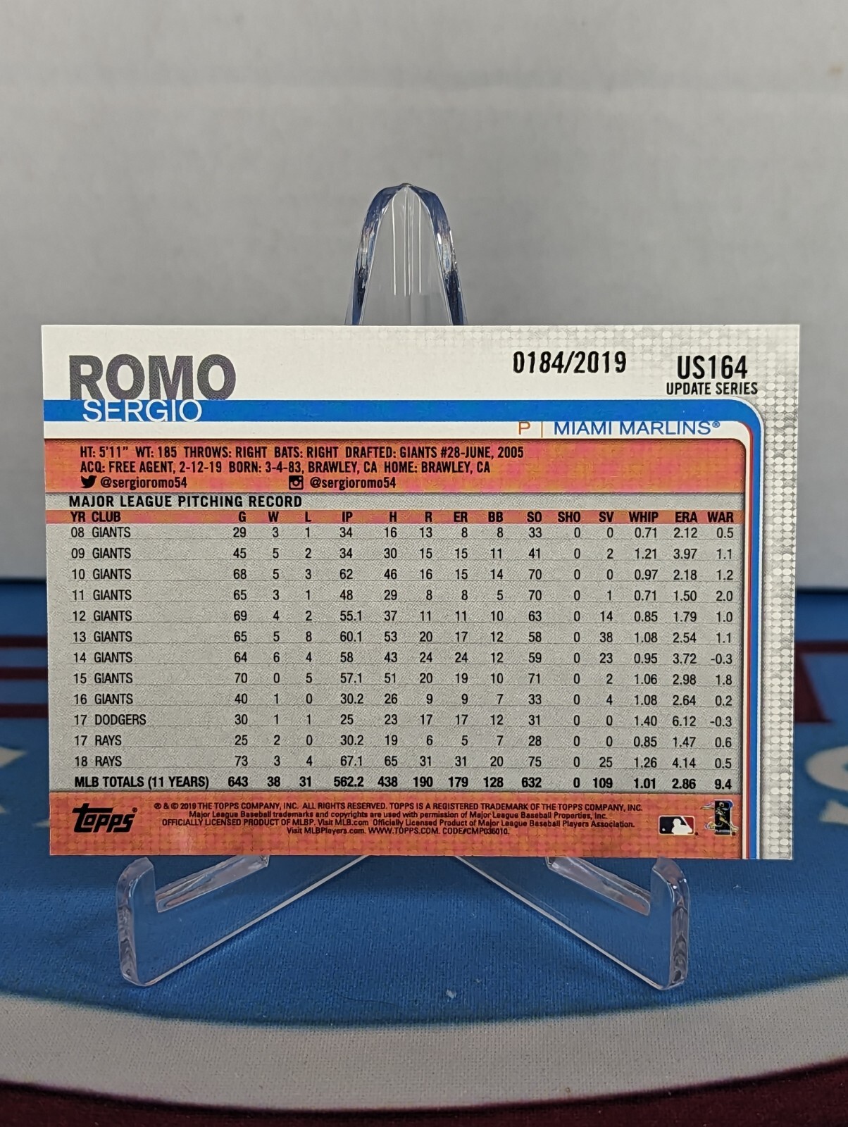 2019 Topps Update Sergio Romo Gold 0184/2019 #US164 MIAMI MARLINS | eBay