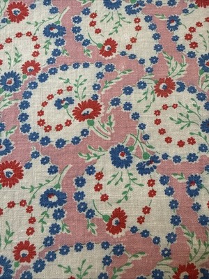 Vintage Flour Sack Fabric Red, Blue Floral pink background 30s 40s 34 ...