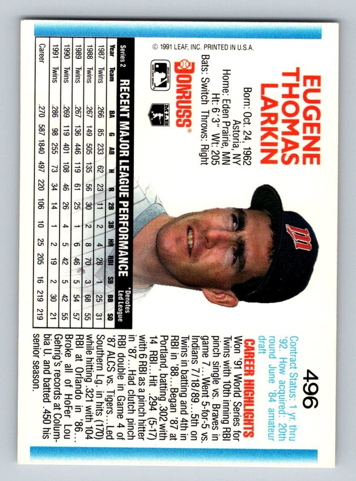 1992 Donruss #496 Gene Larkin Minnesota Twins | eBay
