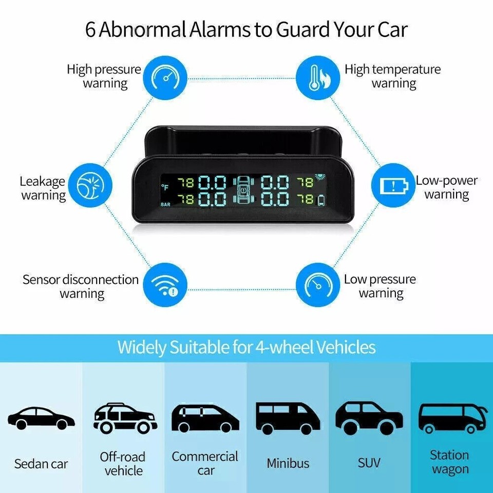 Solar Wireless TPMS Car Tire Tyre Pressure Monitor System Monitoring ...