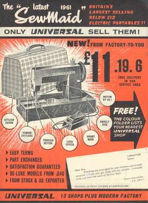 Sewmaid Universal sewing machine 1961 2 side flyer Hurst Street ...