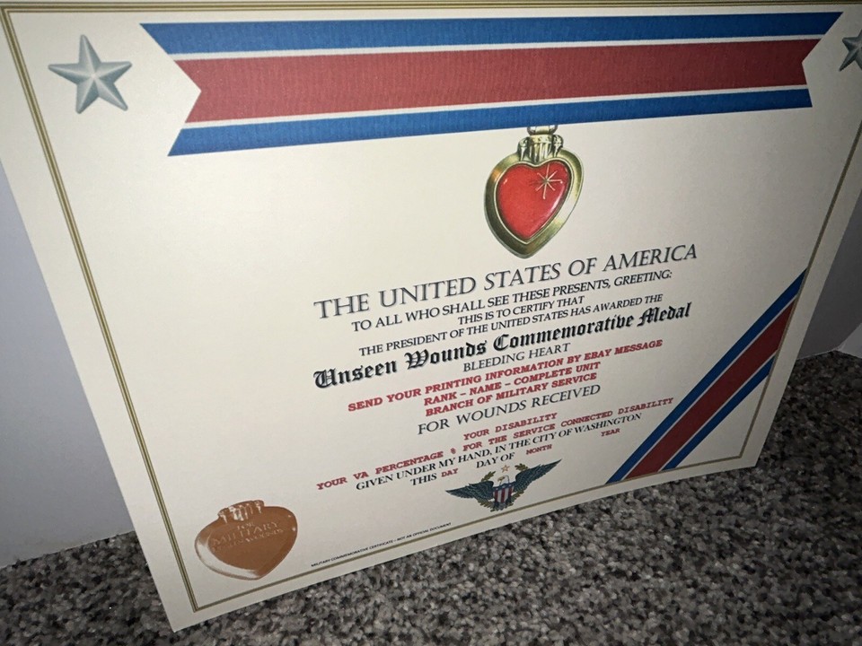 UNSEEN WOUNDS MEDAL - BLEEDING HEART COMMEMORATIVE CERTIFICATE~W ...