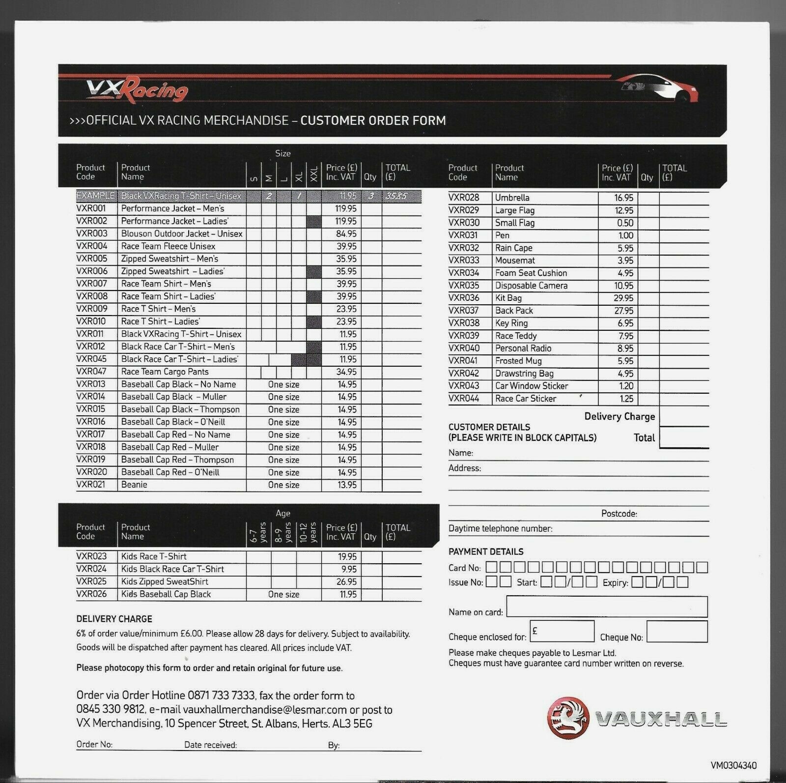 Vauxhall VXRacing Branded Merchandise Price List c2003 UK Single Sheet ...