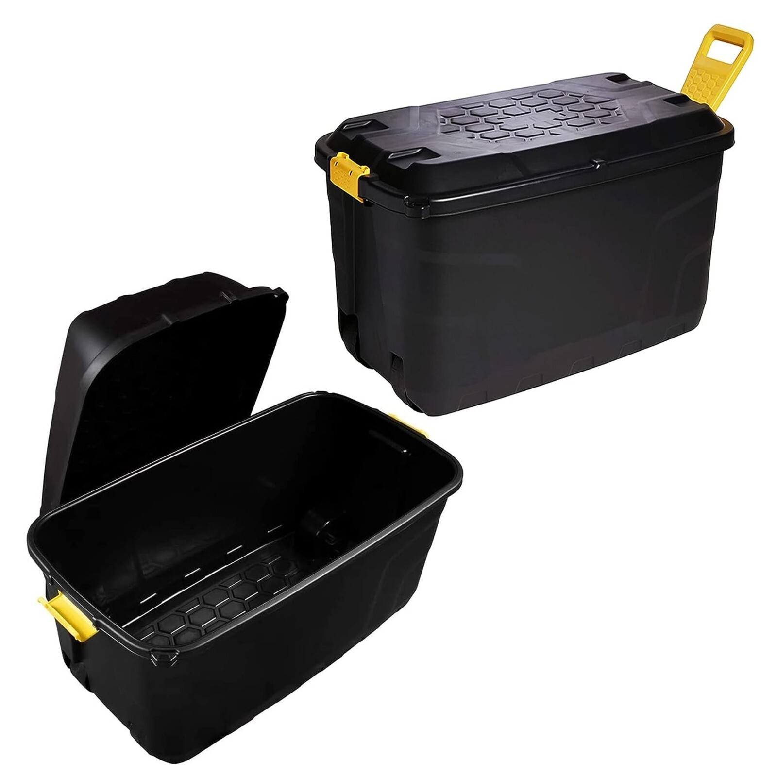 145L or 110L XL Heavy Duty Black Plastic Storage Trunk With Lid, Wheels ...