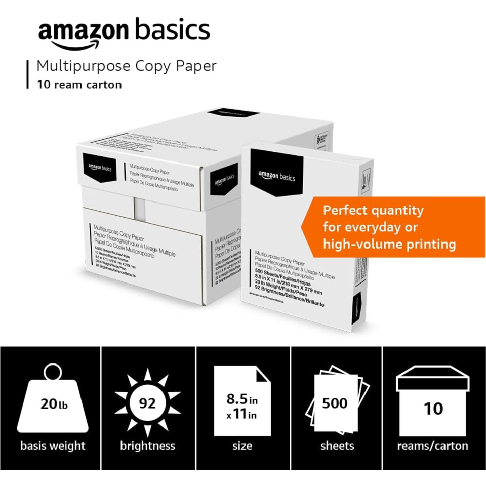 Amazon Basics Copy Paper 8.5x11, 20 lb, 92 Bright White, 10 Reams (5000 ...