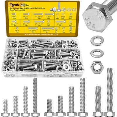 260PCS Hex Bolts and Nuts Assortment Kit,1/4-20, 5/16-18, 3/8-16 Hex ...