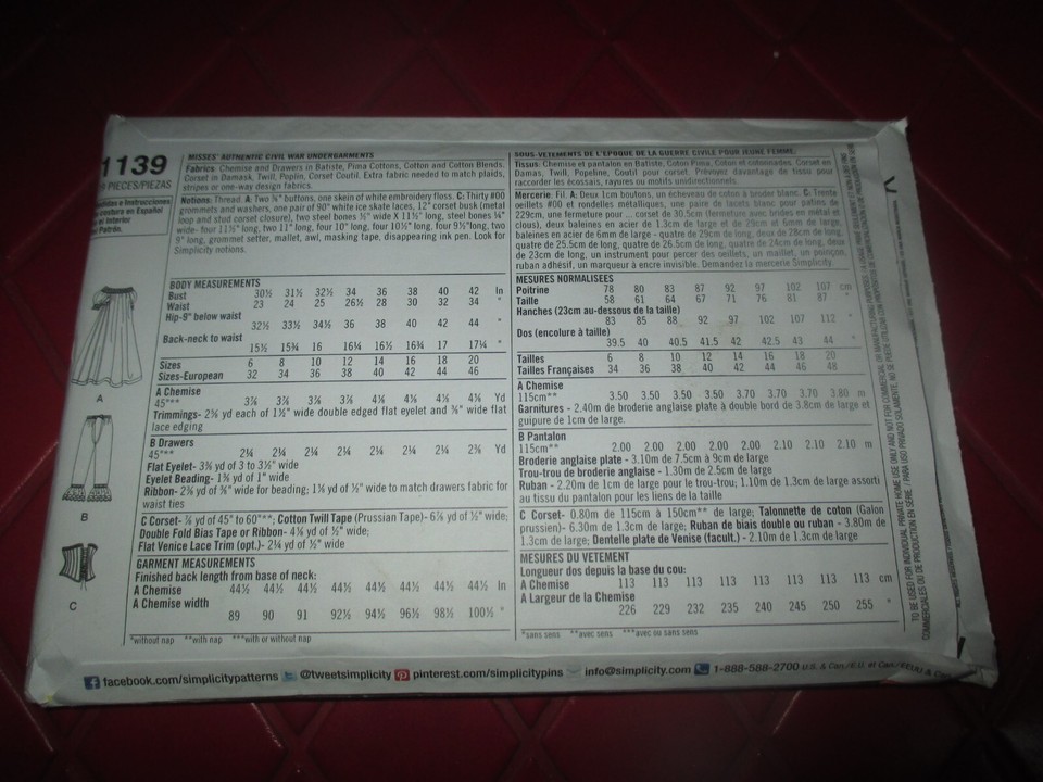 UNCUT Simplicity WOMAN'S CIVIL WAR UNDERGARMENTS Sewing PATTERN #1139 ...