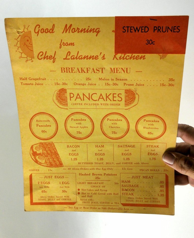 1960's Vintage BREAKFAST Menu CHEF LALANNE'S KITCHEN North Platte ...