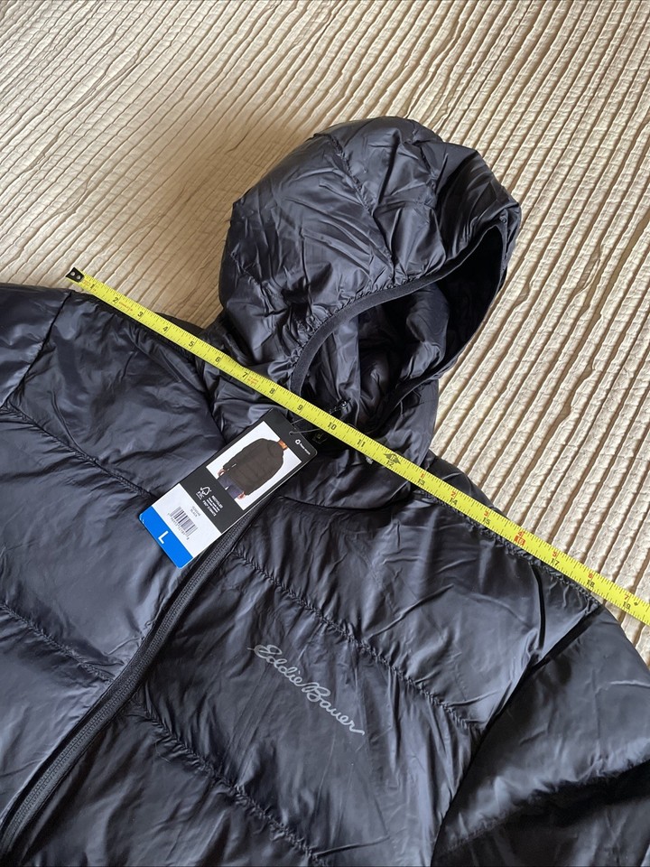 EDDIE BAUER 650 Wide Channel Down Black Hooded Lightweight Packable Zip ...