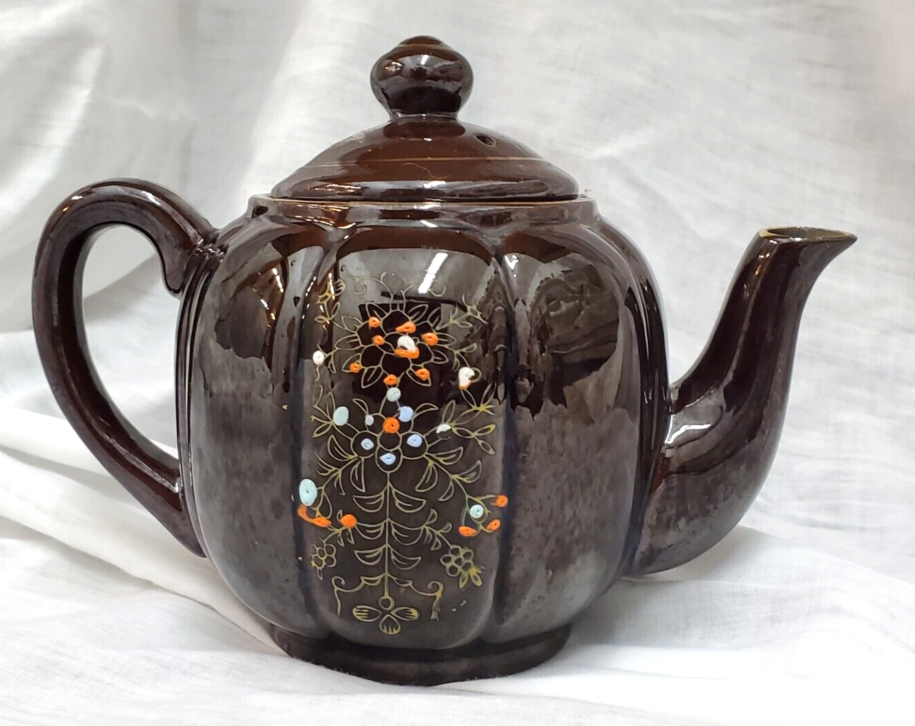 Antique Brown Betty Red Ware Moriage teapot +lid Japan 5 1/2" tall ...