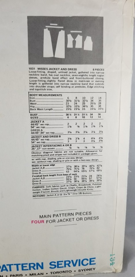 Vogue Very Easy Dress Jacket Sewing Pattern Carol Horn 1031 Size 12 Cut ...