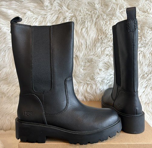 BLACK UGG HOLZER WATERPROOF LEATHER MOTO ZIP RAIN BOOTS 1121056 WOMEN ...