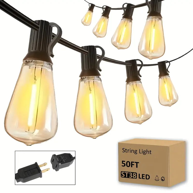 50 FT Outdoor String Lights Water Resistant ST38 LED Connectable Patio ...