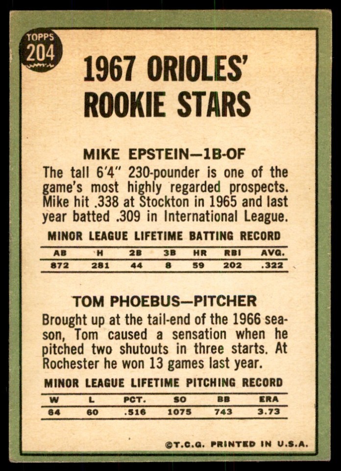 1967 TOPPS MIKE EPSTEIN/TOM PHOEBUS BALTIMORE ORIOLES #204 | eBay