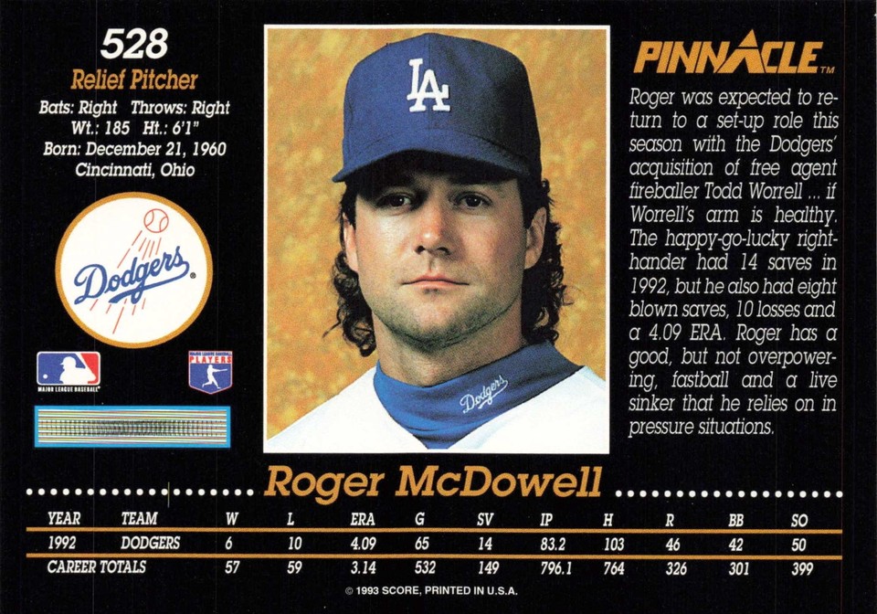 Roger McDowell #528 1993 Pinnacle Los Angeles Dodgers | eBay