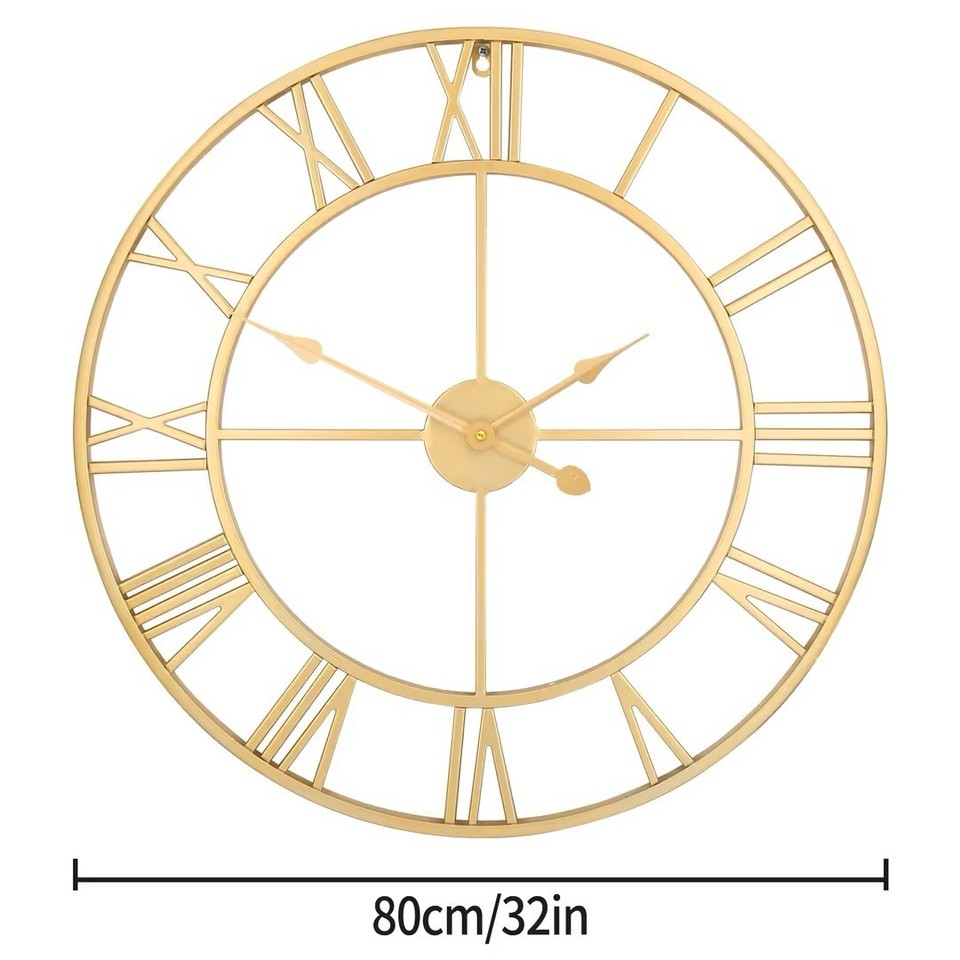Large Wall Clock Roman Numerals Modern Metal Easy to Read Gold80cm RRP ...