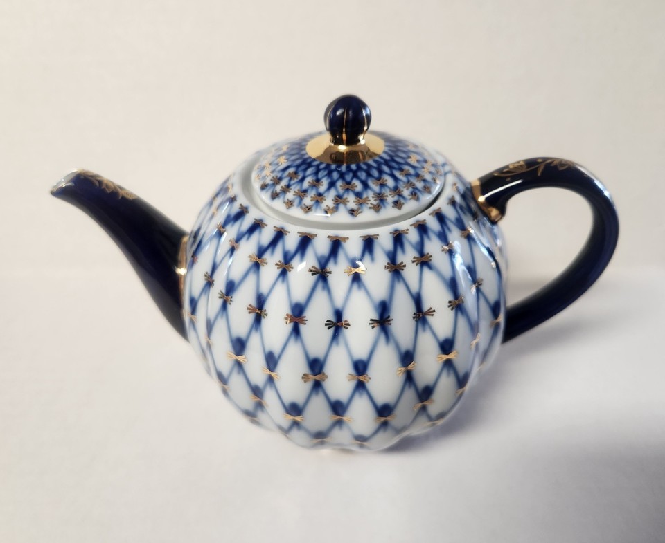 Lomonosov Imperial Russian Porcelain Cobalt Blue Net Teapot 22K Gold ...