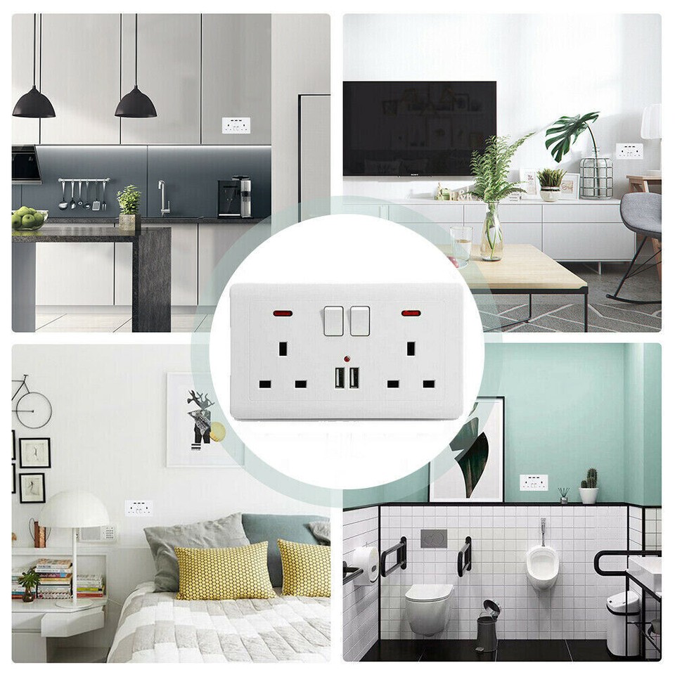 5x Double Wall Plug Socket 2 Gang 13A w/ 2 Charger USB Ports Outlets ...