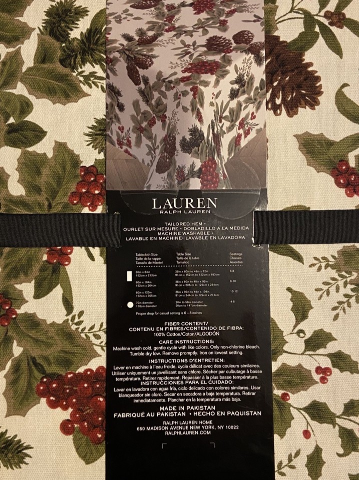 RALPH LAUREN Tablecloth 60” x 104” Holly, Berries, Pinecones Festive ...