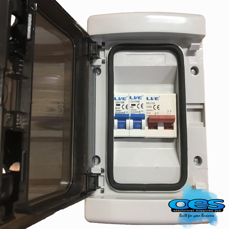 CONSUMER UNIT 6A + 16A MCB 100A ISOLATOR 2 WAY WEATHERPROOF GARAGE SHED ...