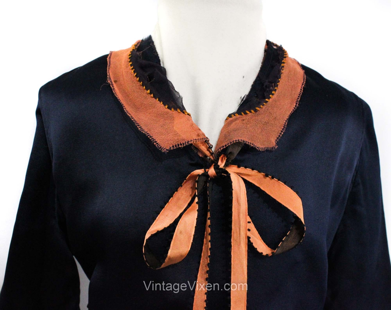 1920s Silk Blouse - As Is Navy Satin & Orange Chiffon… - Gem