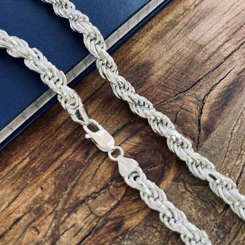 Real Solid Sterling Silver 7mm Mens Diamond Cut Rope Chain Bracelet or ...