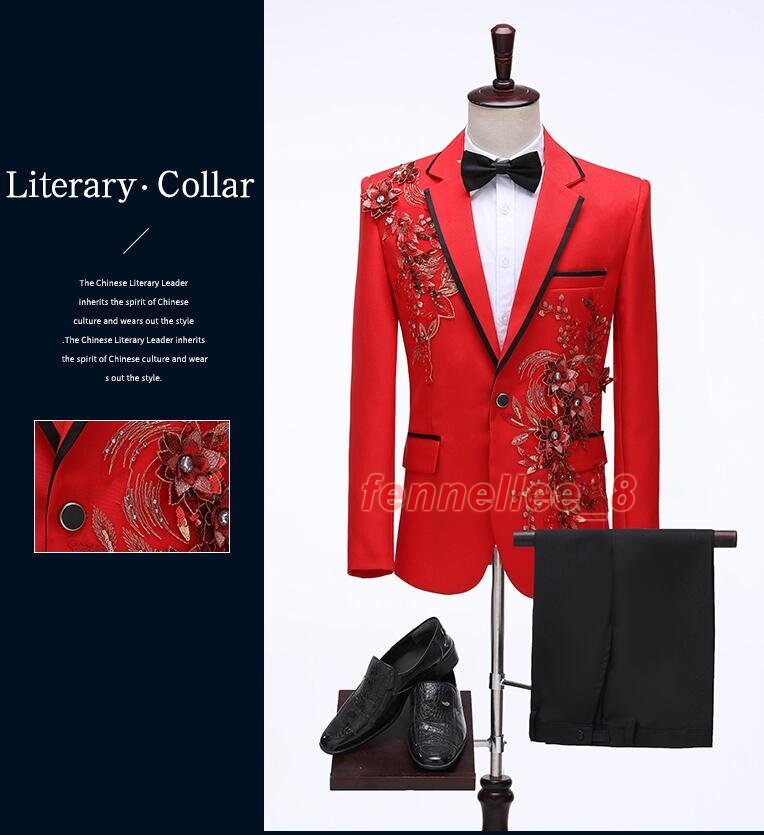 Men's 3D Sequin Floral Blazer Jacket Pants Wedding Suit Coat Host Stage ...