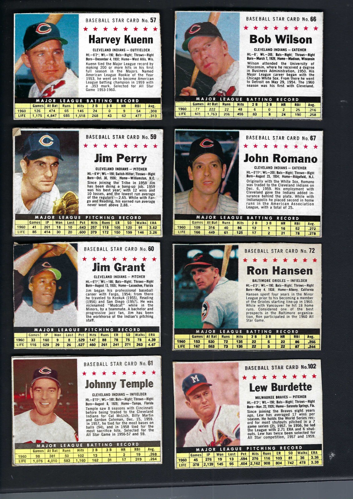 1961 POST BASEBALL CARD LOT X 8 NICE COLOR ETC INC H KUENN, JIM PERRY ...