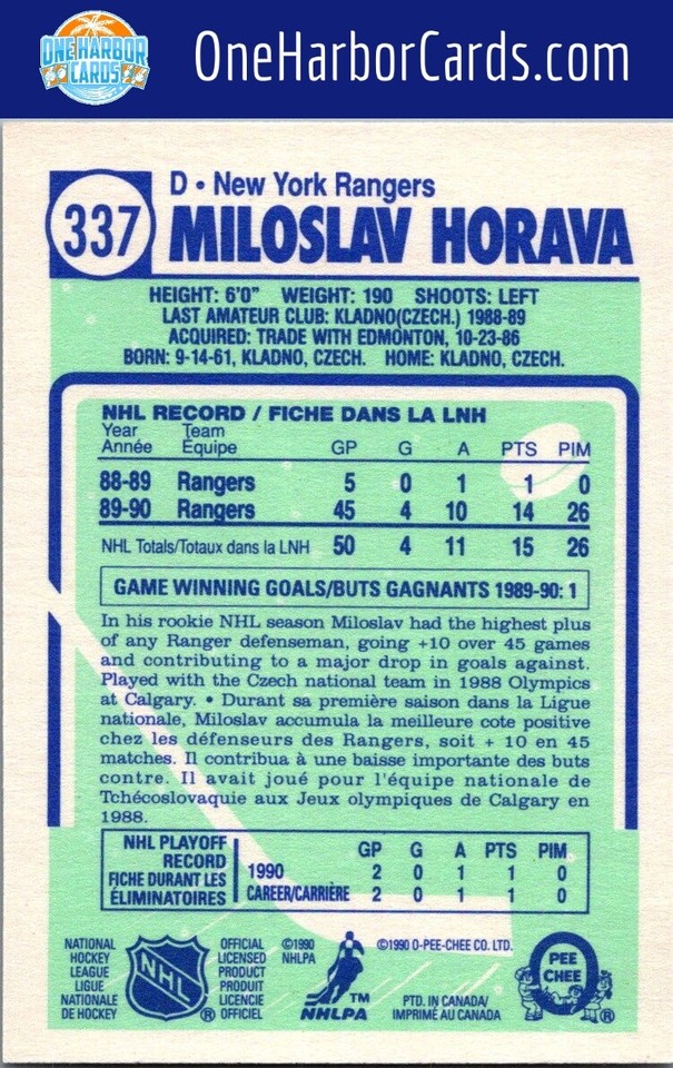 1990 O-Pee-Chee New York Rangers Hockey Card #337 Miloslav Horava | eBay