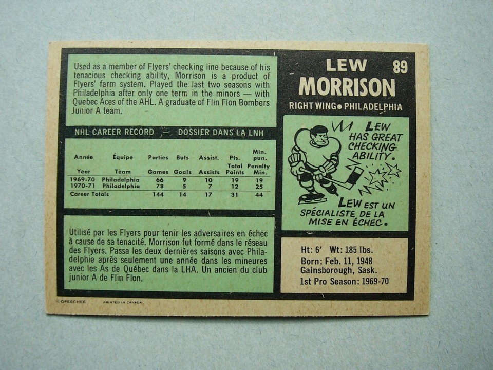 1971/72 O-PEE-CHEE NHL HOCKEY CARD #89 LEW MORRISON EX/NM NM SHARP!! 71 ...