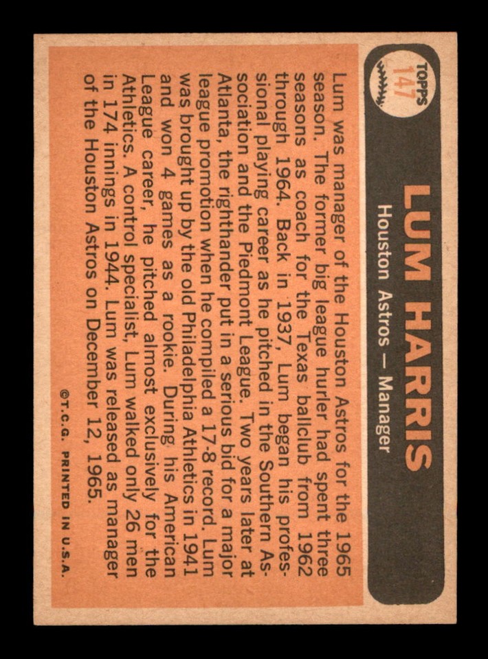 1966 Topps Lum Harris VGEX #147 Baseball Card | eBay