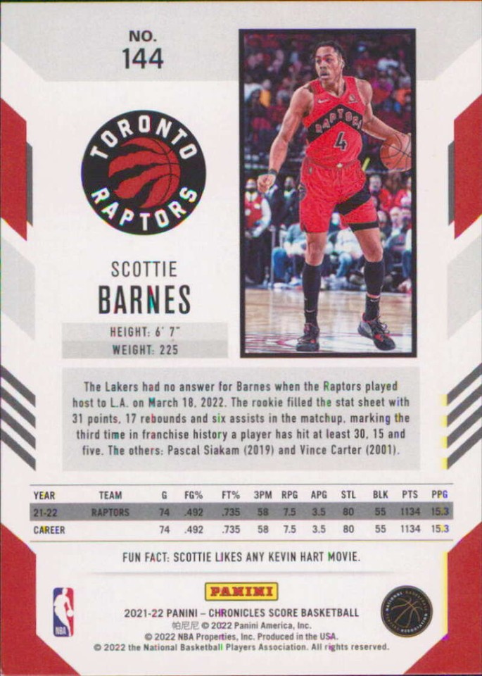 Scottie Barnes 2021-22 Panini Chronicles #144 Raptors Score | eBay