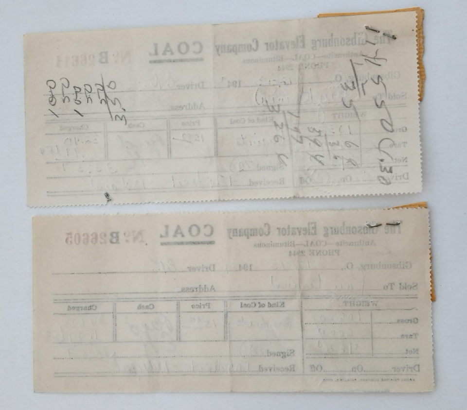 2 1947 GIBSONBURG OHIO ELEVATOR COMPANY COAL RECEIPT CINDERELLA SALES ...