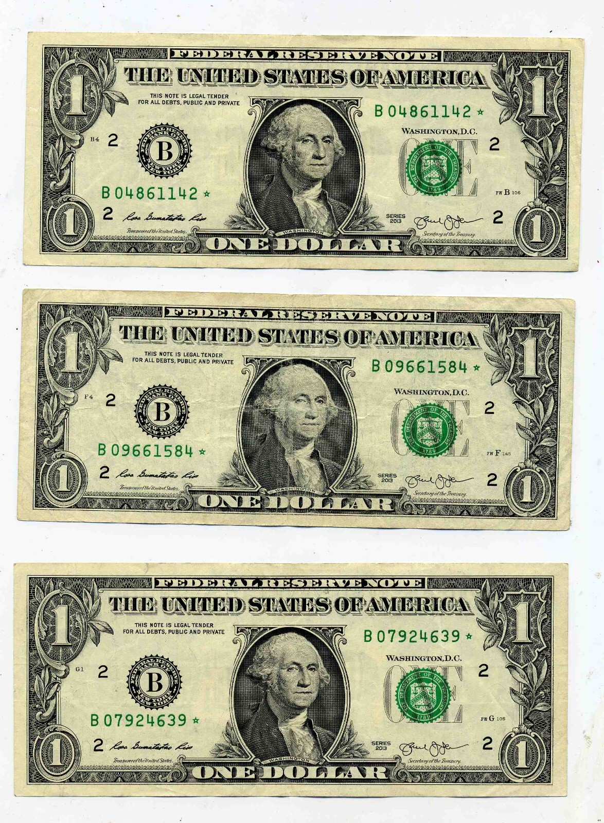 3 bills with 2013 B - Star Note Dollar - duplicates | eBay
