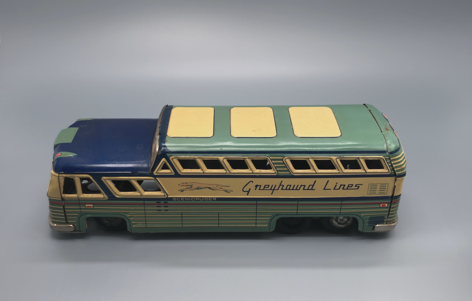 Vtg 1950s Tin Toy Friction Bus / 9" Greyhound Lines Scenicruiser ...