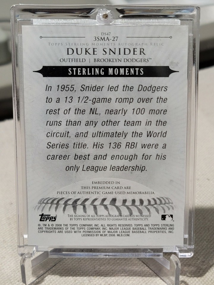 2008 Duke Snider Topps Sterling Game Used Worn Triple Patch Auto True 1 ...