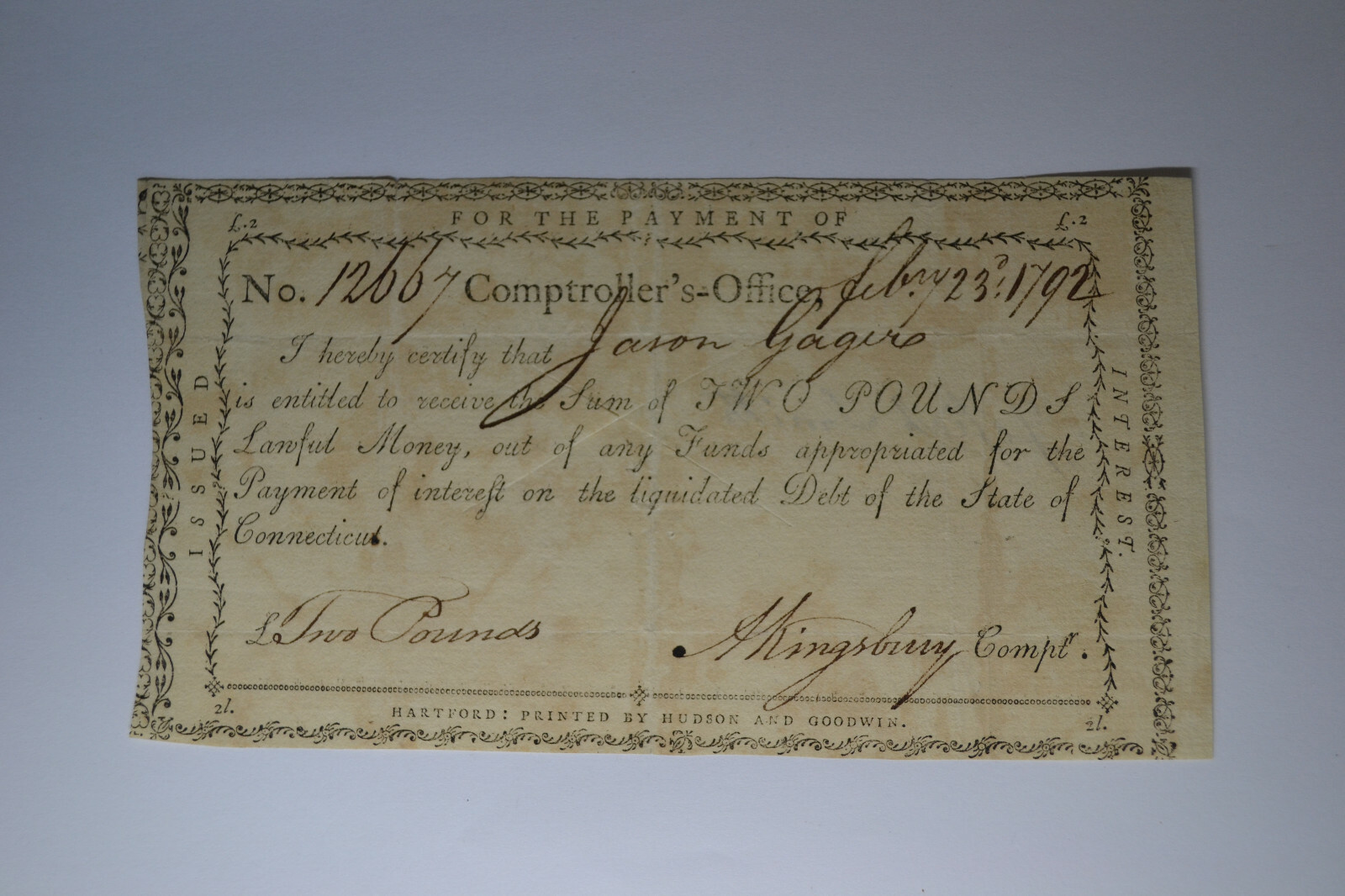 State of Connecticut Comptroller's Office Feb. 23, 1792 2 Pounds Very ...