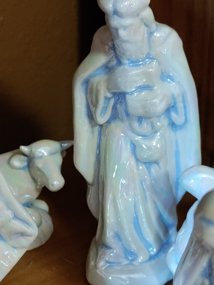 13-piece ceramic pearl white blue nativity set Christmas | eBay