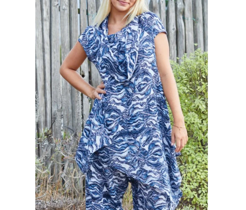 Bryn Walker Noa Tunic Blue/White Wave Print Cowl Neck Asymmetrical Size ...